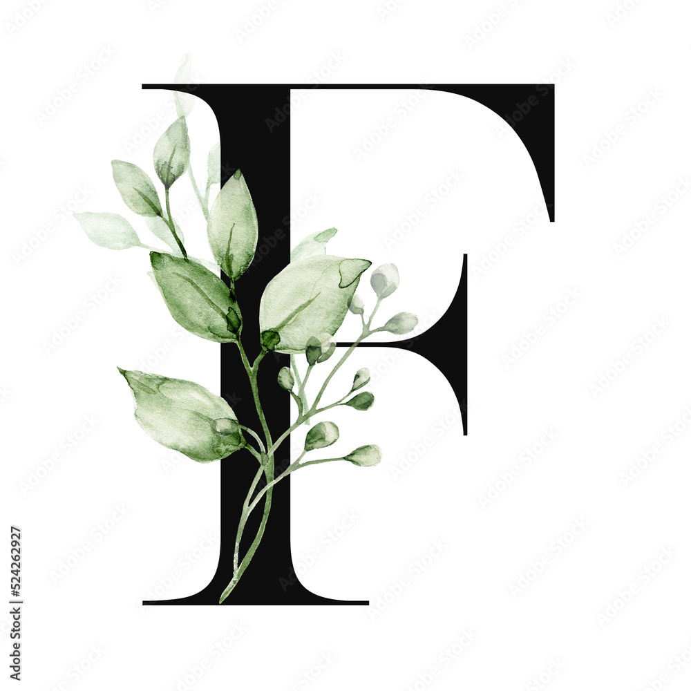 Floral alphabet, letter F with watercolor leaf. Monogram initial ...