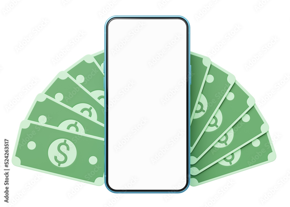 Phone with cash money floating on blue background. Mobile banking and ...