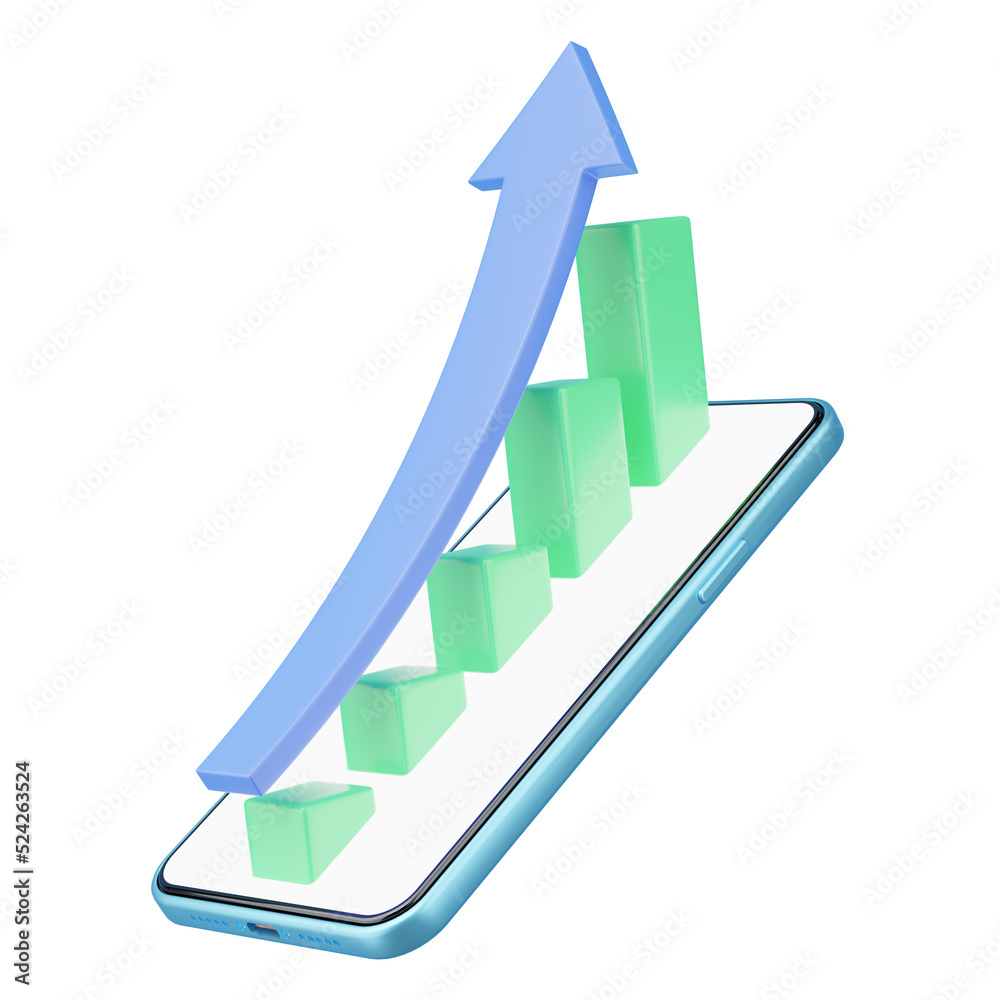 Green business graph growth with higher arrow on smartphone screen and ...