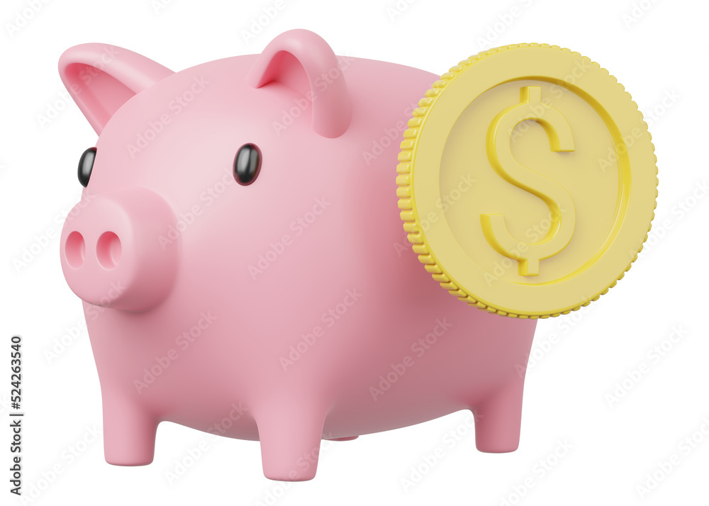 3d Money box with coin icon. Pink piggy bank floating on blue ...