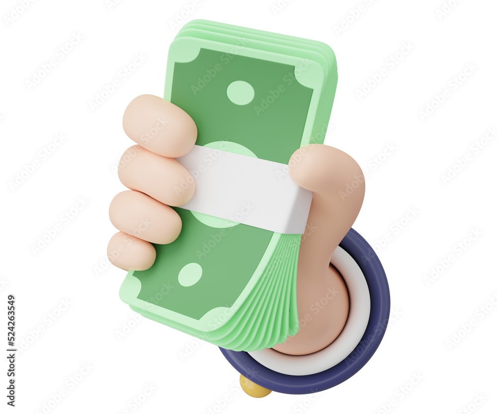 3D Hand holding bundle banknote icon. Cartoon businessman wearing suit ...