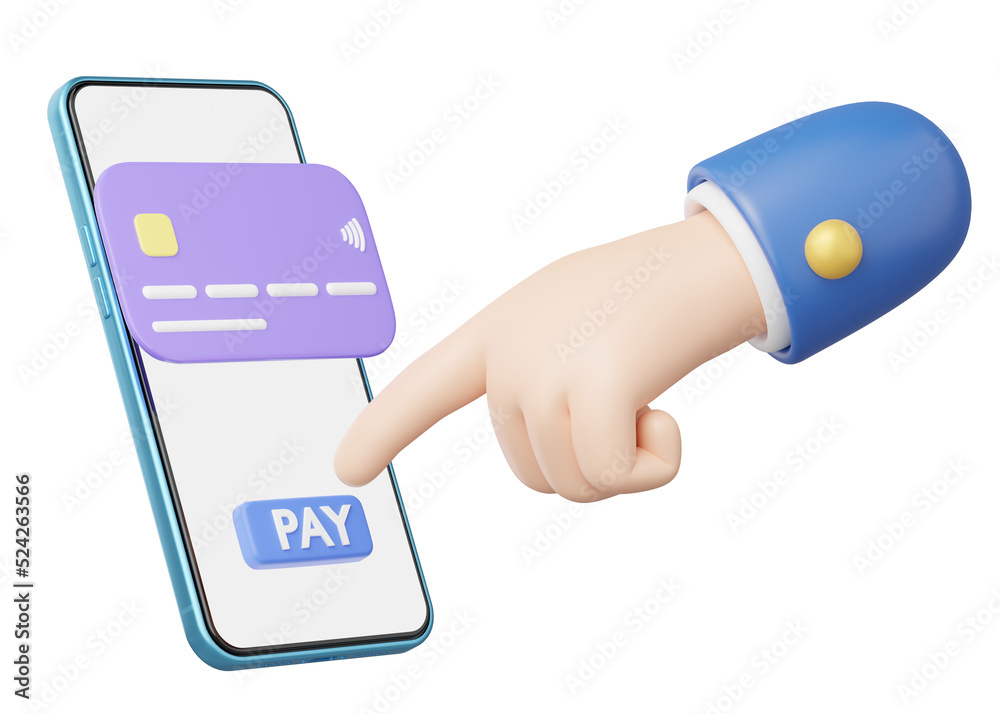 3D Hand press pay button icon. Phone with credit card float on blue ...