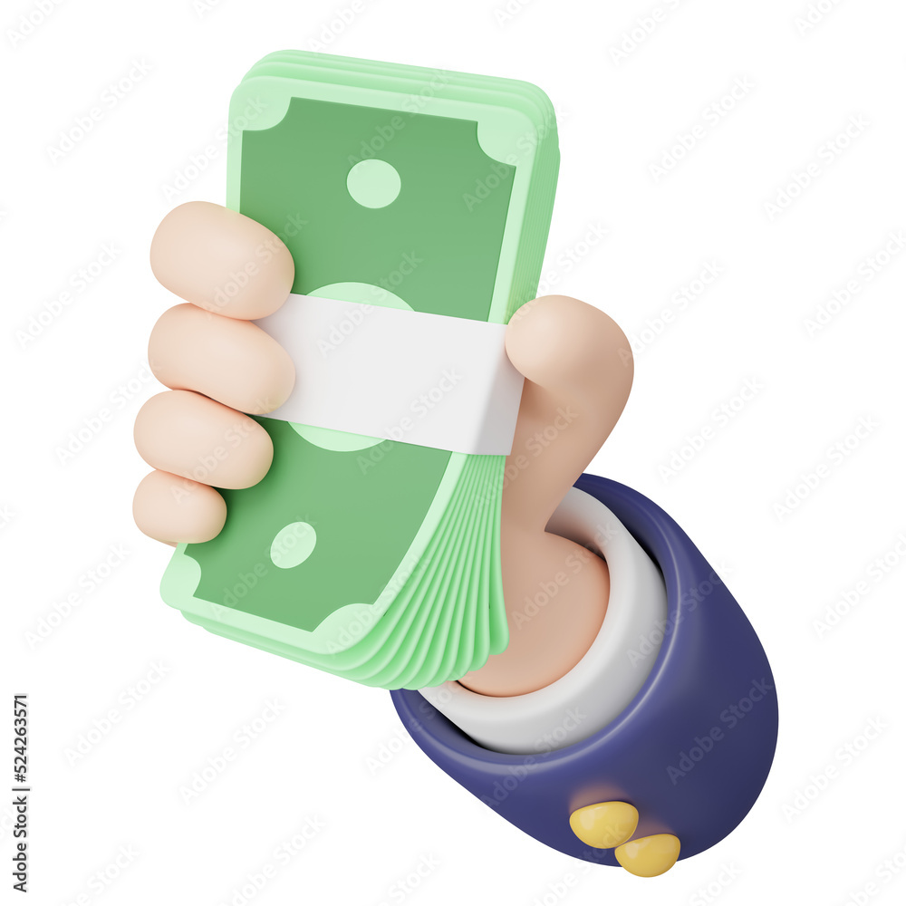 3D Hand holding bundle banknote icon. Cartoon businessman wearing suit ...