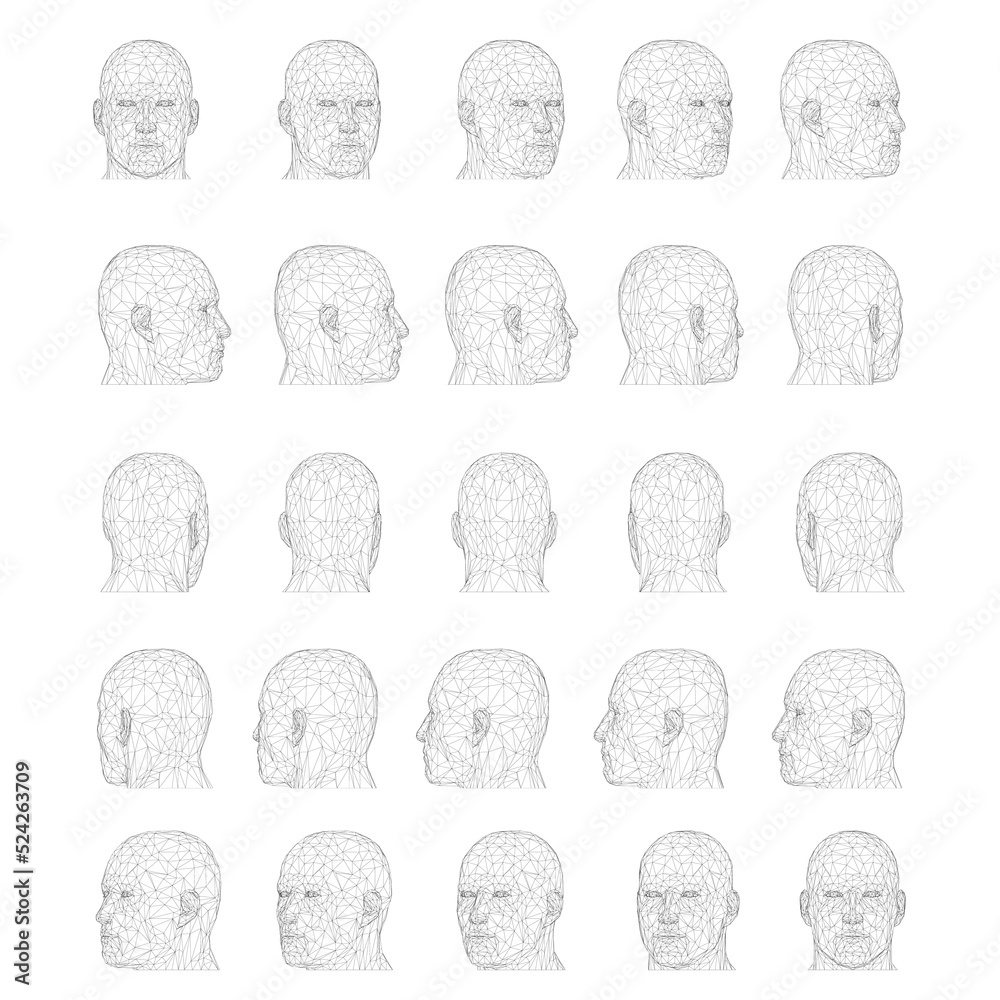 Set with a skeleton of a man's head in different positions from black ...