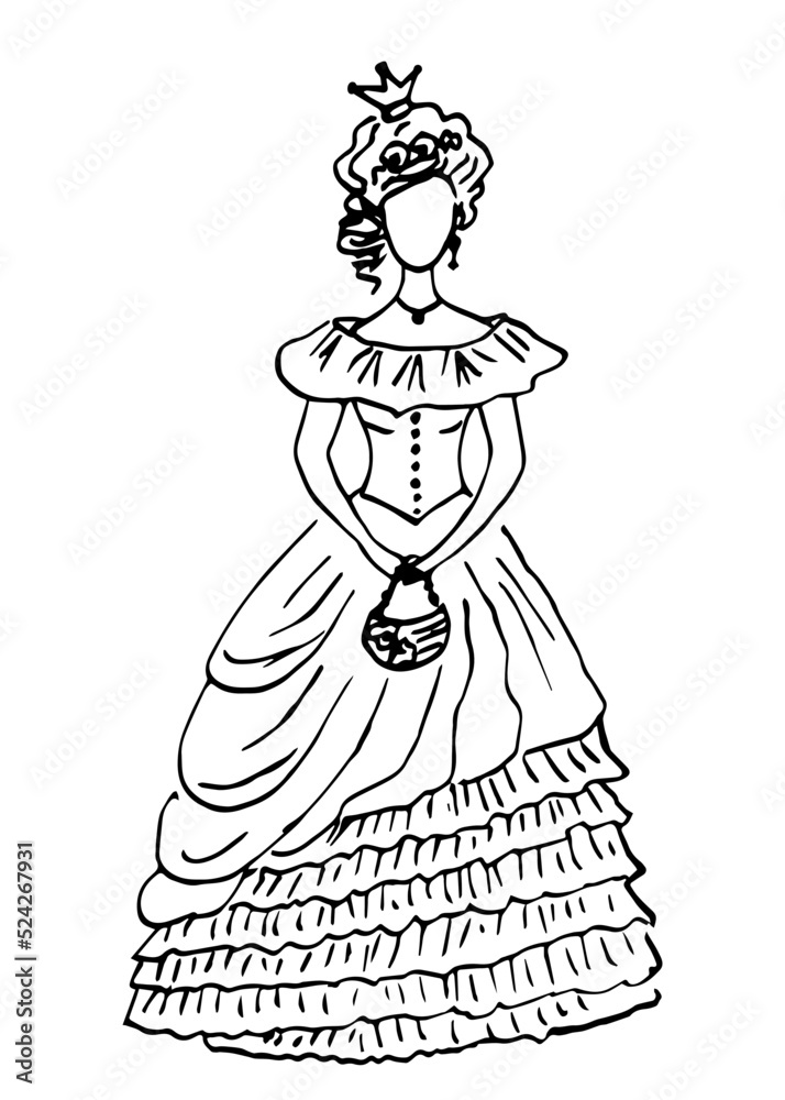 Simple hand drawn black outline vector drawing. Lady in a vintage dress ...
