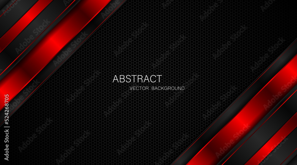 Abstract black and red polygon with red glow lines on dark steel mesh ...
