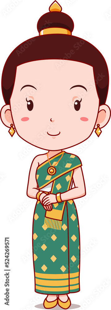 cartoon girl in Laos traditional costume. Stock Illustration | Adobe Stock