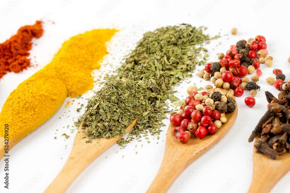 Top view mix spices and herbs different size terracotta pots on white ...