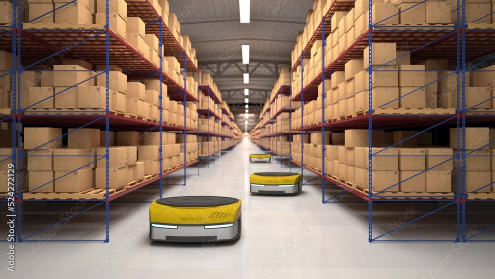 Video Stock Autonomous robots moving shelves with cardboard boxes in ...