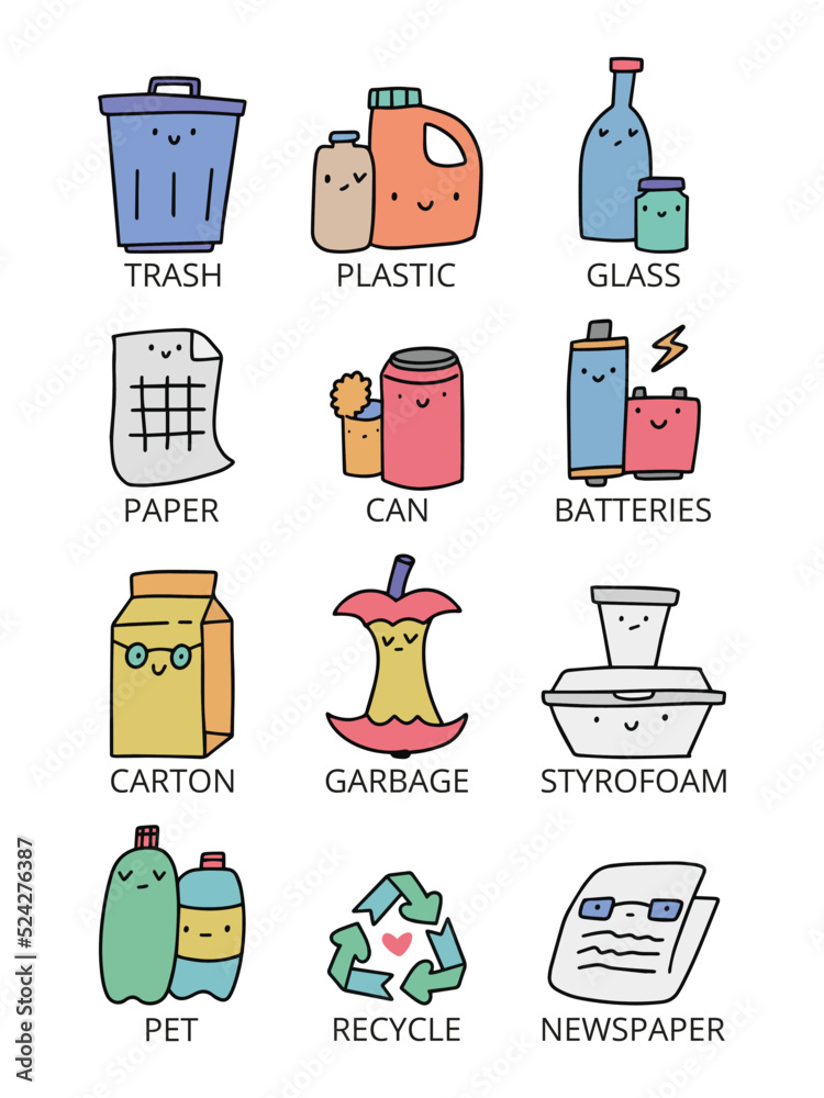 Set of recycling bin labels. Vector. Signs and icons for sorting ...