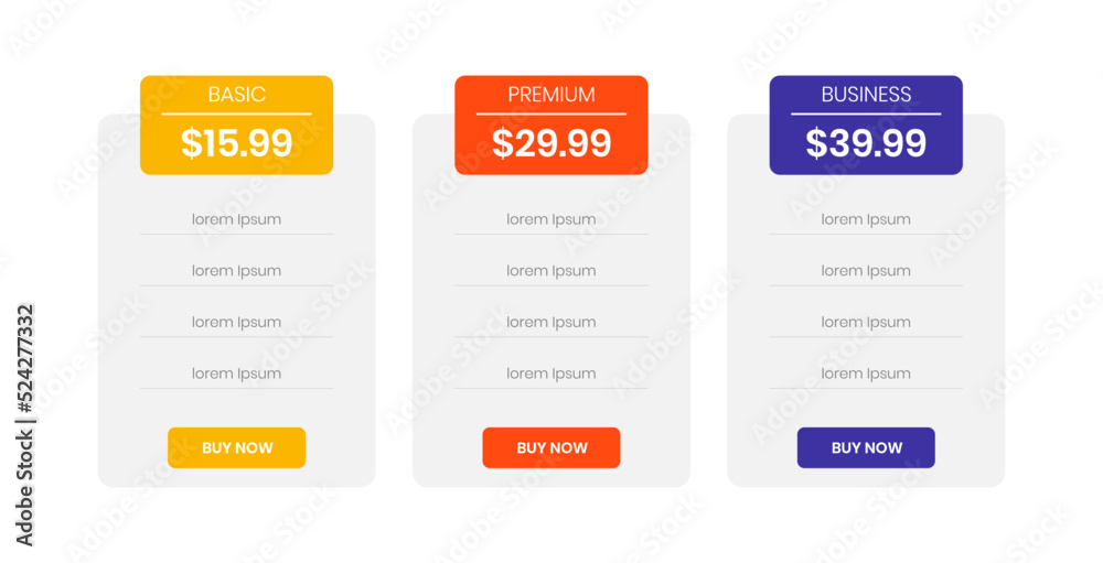 Modern pricing table concept design three service subscription plan ...