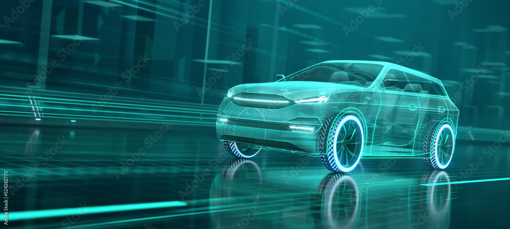 Riding wireframe car concept on the road and futuristic city on the ...