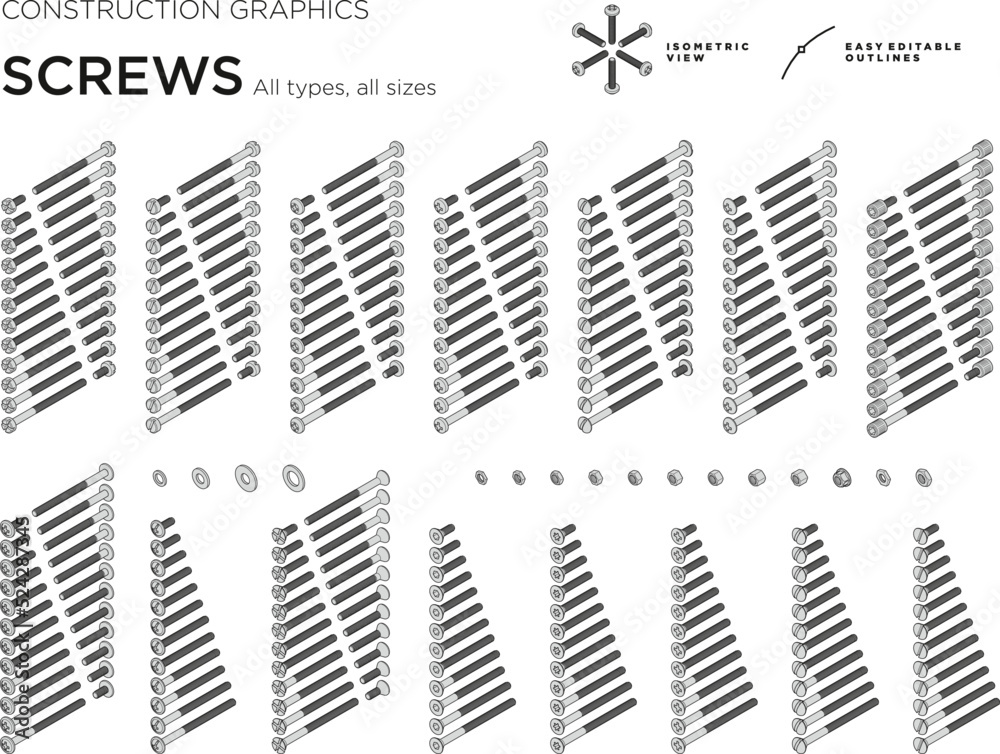 Screws and nuts, all types and all sizes, construction graphics for ...