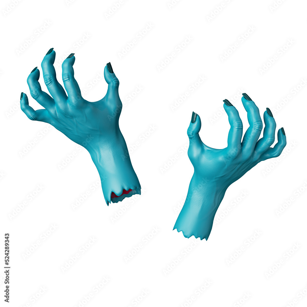 3d render, blue skin monster zombie hands, Halloween clip art isolated ...