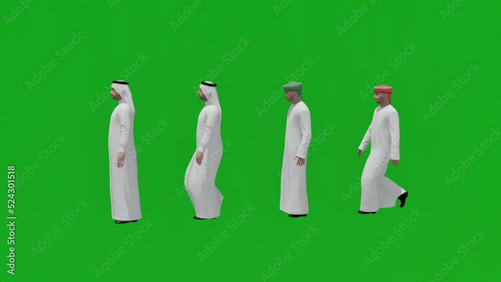 Arab business man 3D on green screen walking with 4 different animated ...
