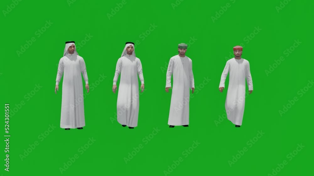 3D Arab business man on green screen walking with 4 different models ...