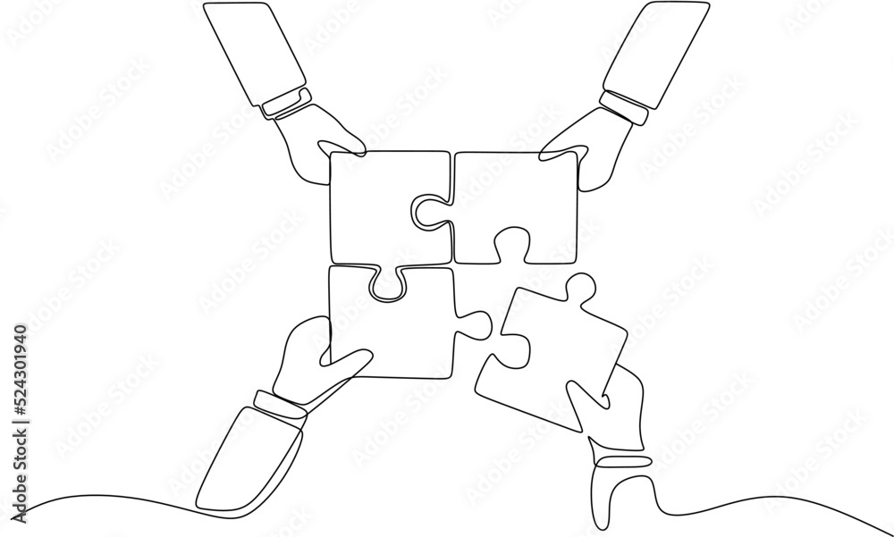 Single continuous line drawing of business team members unite puzzle ...