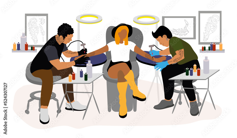 Tattoo Masters Make Ink Picture to Women in Parlor. Professional ...