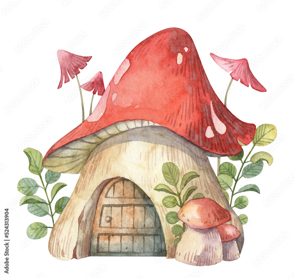 Magical cute fairytale mushroom house with small wooden door and with ...