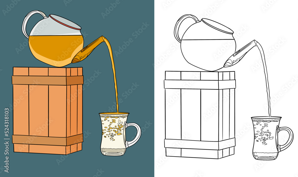 Hand drawn pour tea drink vector with line drawing to fill with colors ...