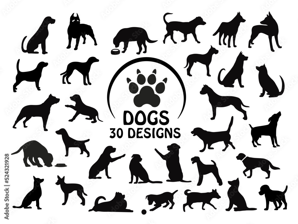 Dog SVG bundle, Black dog silhouette, Puppy SVG, Dog footprint SVG, Pet ...