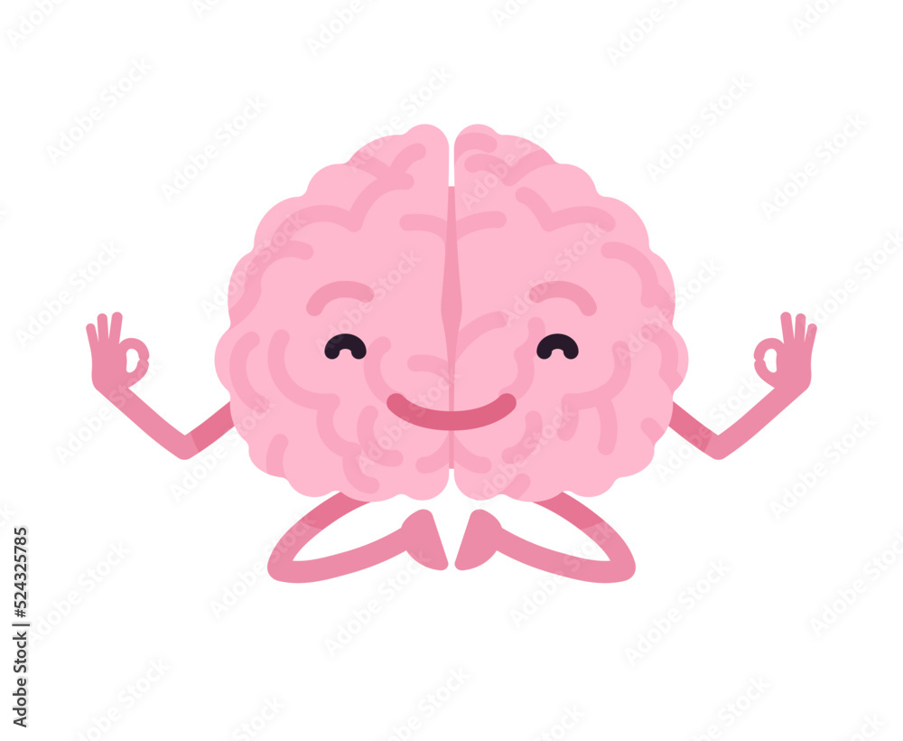 Human brain cute character meditating in lotus yoga pose. Balance ...