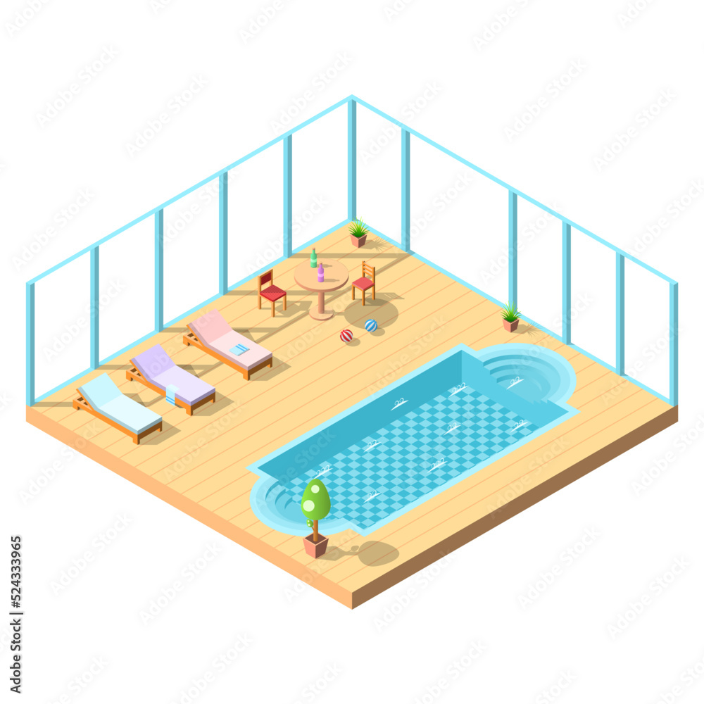 Abstract Isometric Aquapark Swimming Pool With Water Balls Sun Lounger ...