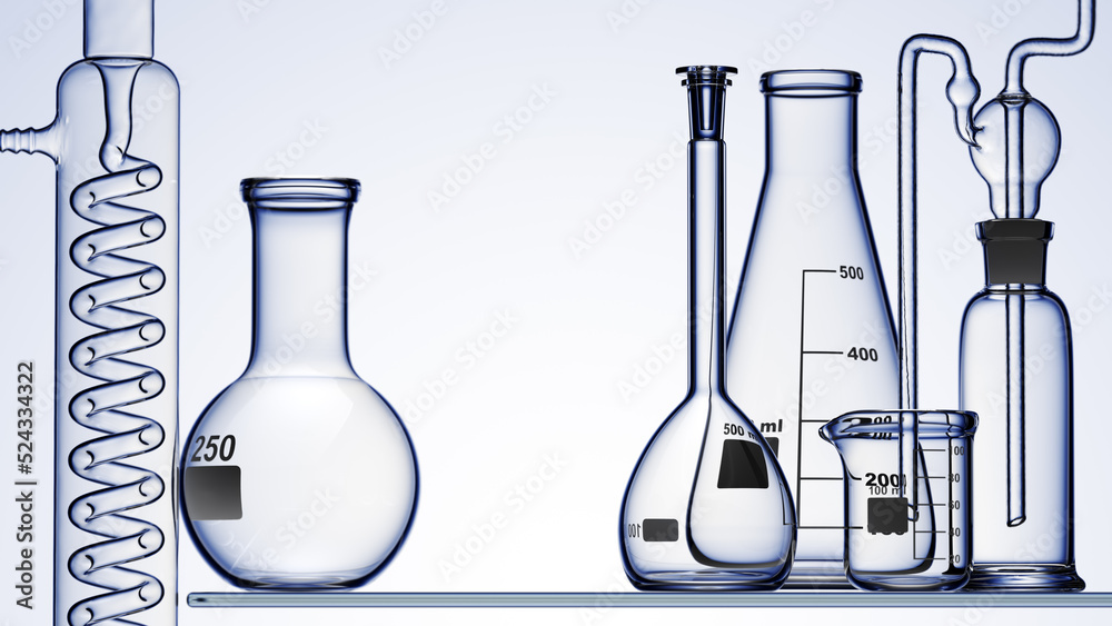 Glass chemistry lab equipment on blue background. Chemistry Lab concept ...