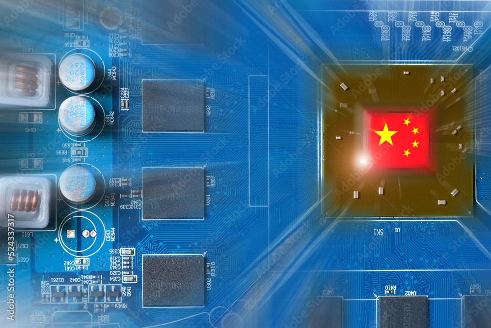 China flag on a processor, central processing unit CPU or GPU microchip ...