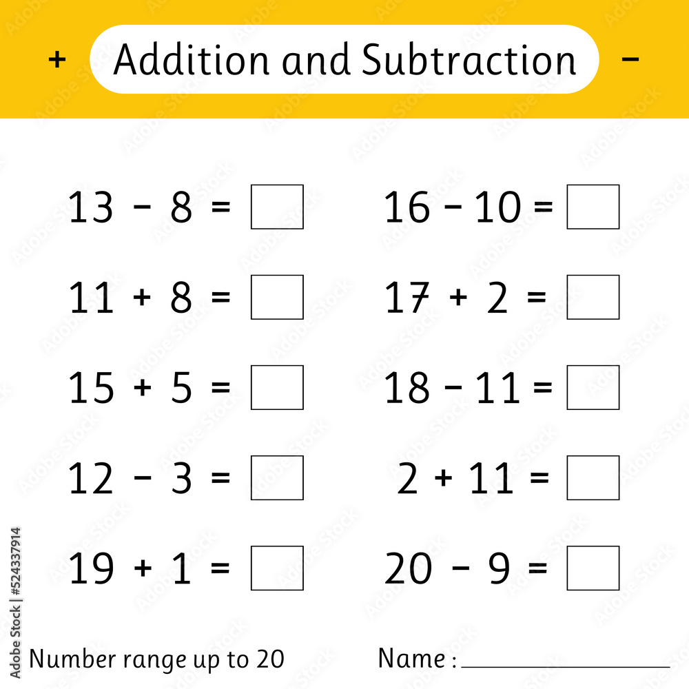 Addition and Subtraction. Number range up to 20. Math worksheet for ...