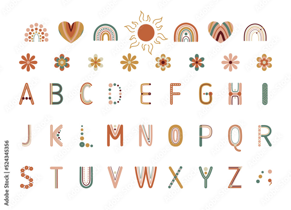 Rainbow alphabet letter set in retro colors in 70 s groovy style with ...