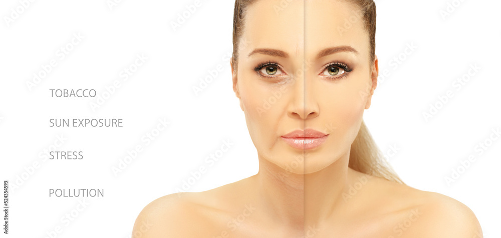 Aging. Mature woman-young woman.Face with skin problem.Showing photos ...