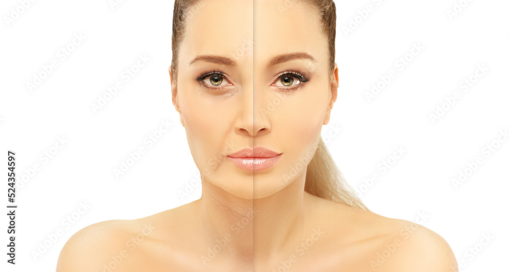 Aging. Mature woman-young woman.Face with skin problem.Showing photos ...