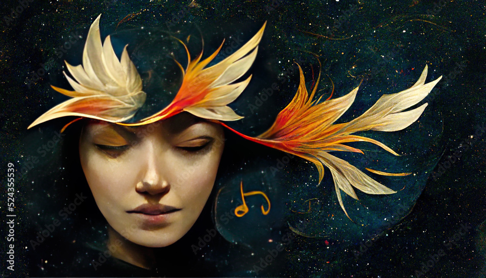 woman face of mystical being with music notes mediation and practicing ...