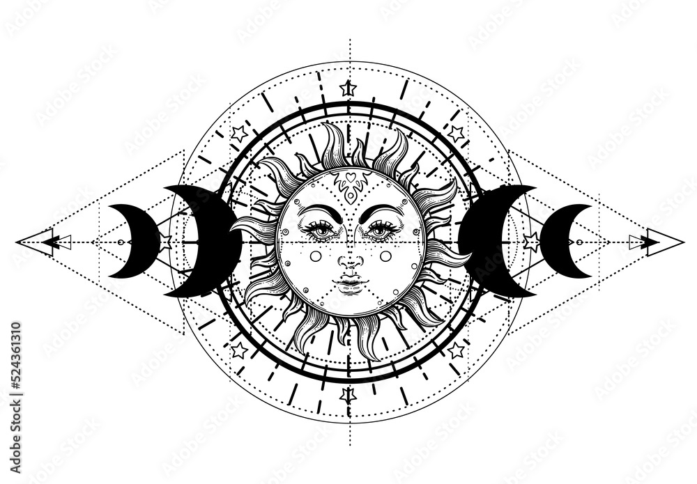 Sun and Triple moon pagan Wicca moon goddess symbol. Three faced ...