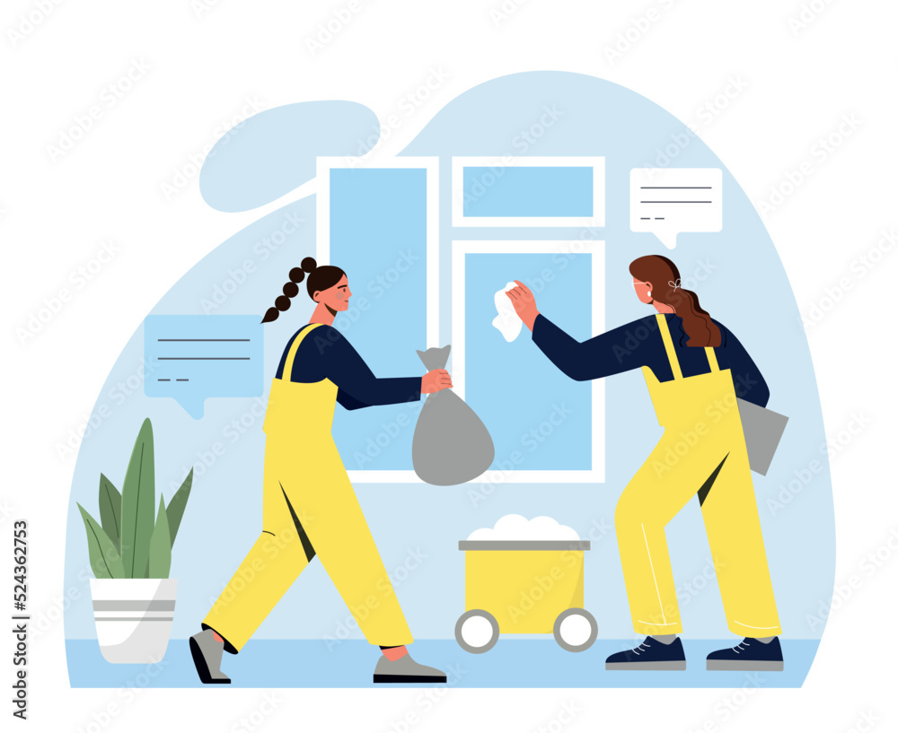 Cleaning team concept. Two women with cleaning products in apartment ...