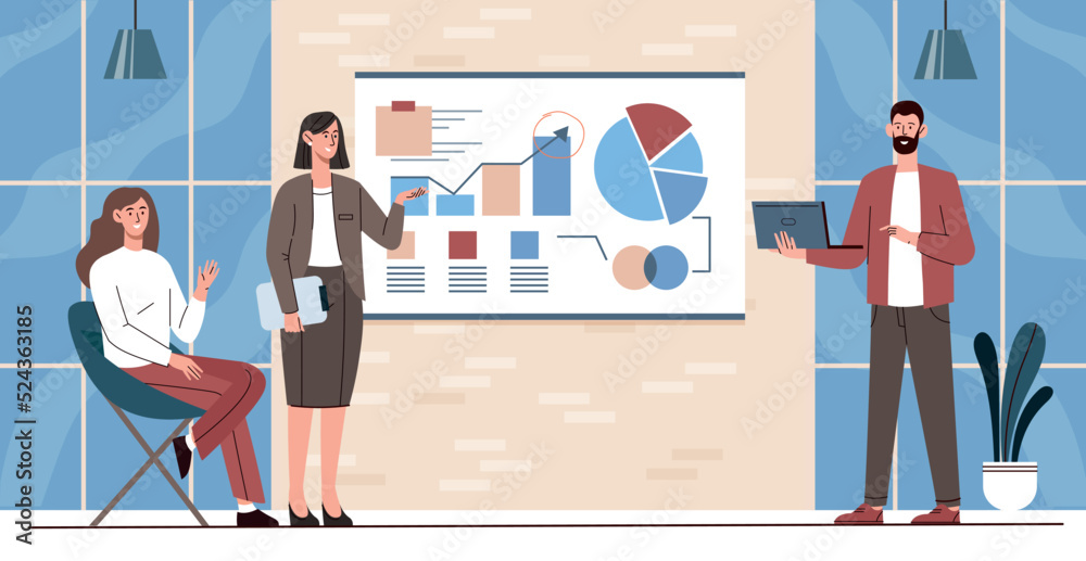 Business meeting concept. Man and women evaluate graphs and charts ...