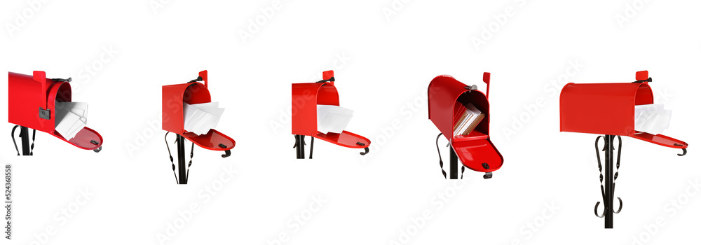 Set of red letter boxes with envelopes on white background. Banner ...