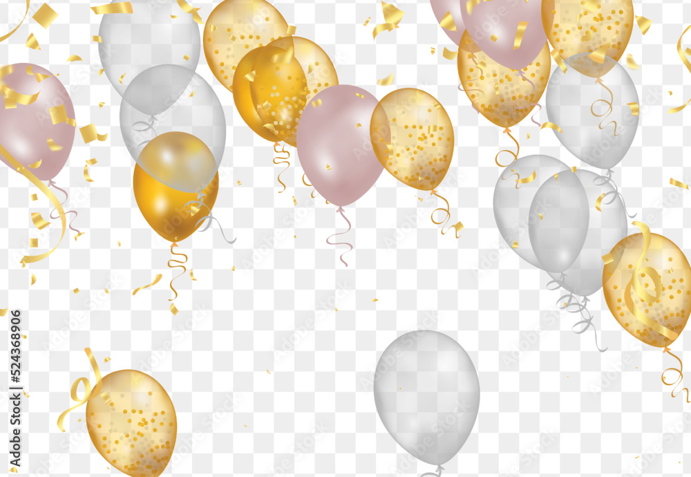 balloons with gold isolated on translucent background with reflection ...