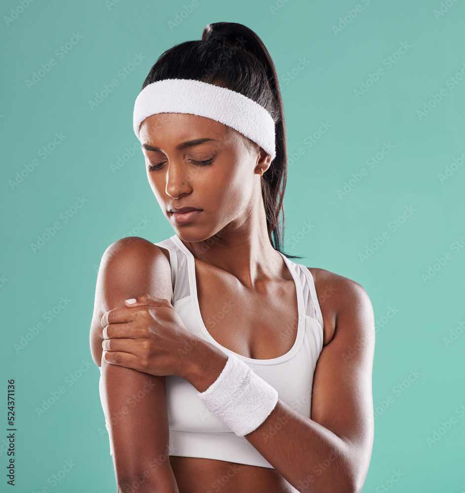 Tennis player with sports injury, hurt or pain in her arm after ...