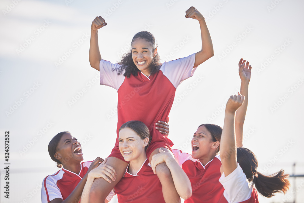 Win, celebrate and excited women soccer team happy about winning a ...