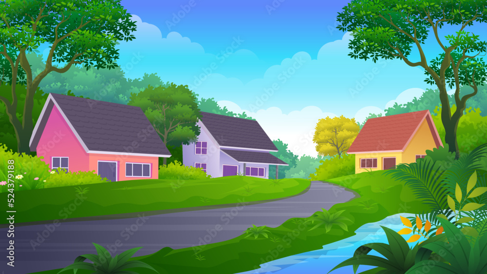 Residential in the village, with lush grass and trees, roads and rivers ...