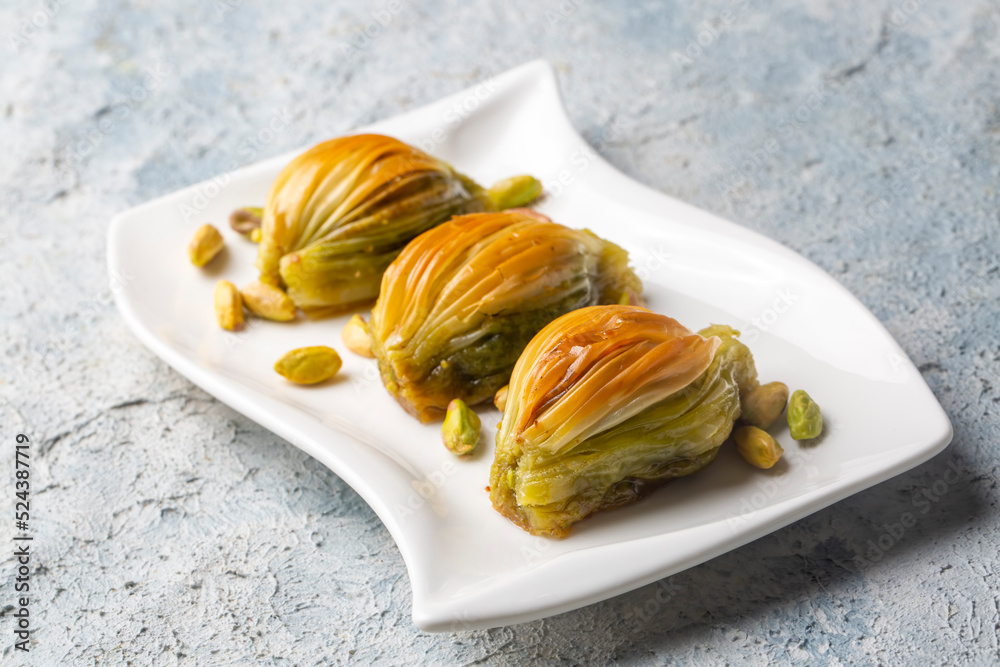 Turkish Midye Baklava ( Mussel Shape Baklava ) with green pistachio ...