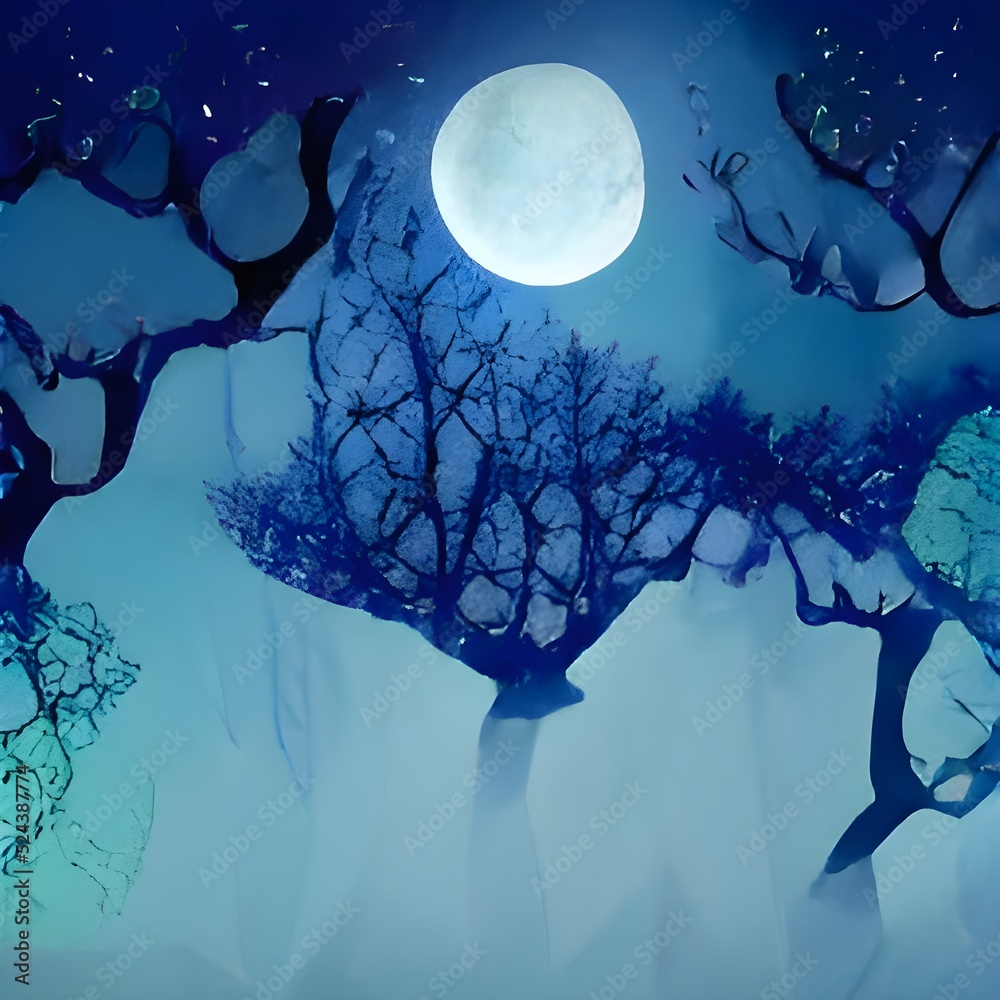 Fantasy magical enchanted fairy tale landscape with forest lake, fabulous fairytale blooming ...