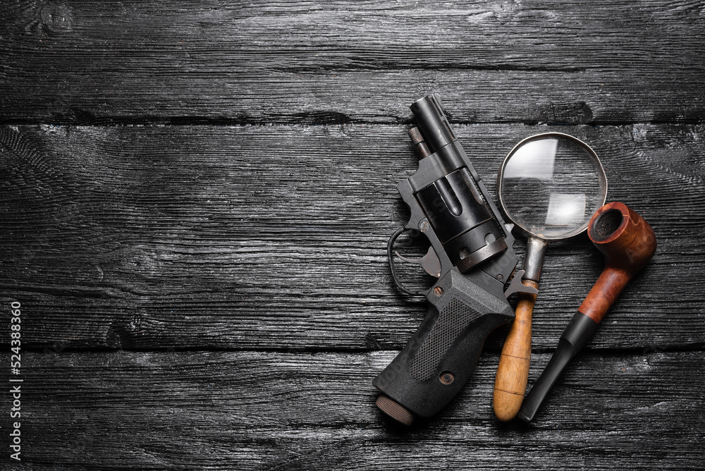 Detective desk table concept flat lay background with copy space. Stock ...