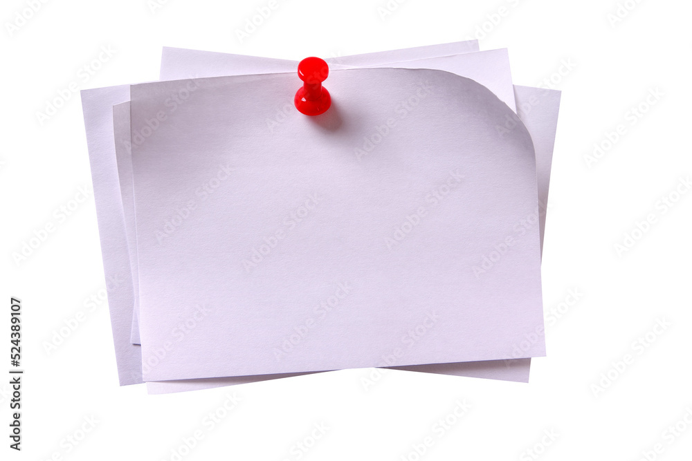 Several plain white sticky post it note with red pushpin isolated ...