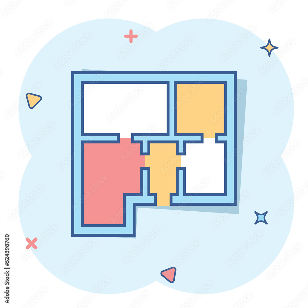 Vector cartoon house plan icon in comic style. Architect scheme sign ...