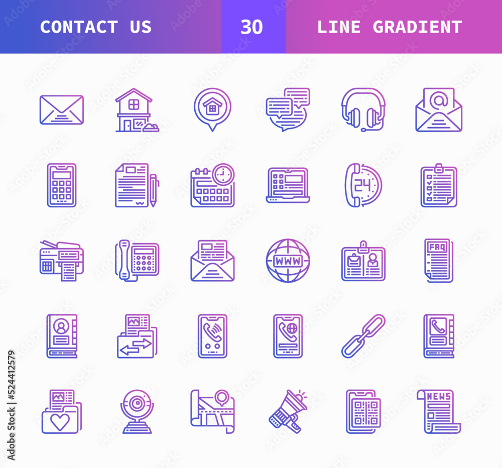 Contact Us Vector Line gradient Icons Set. Call, Contact, Email ...