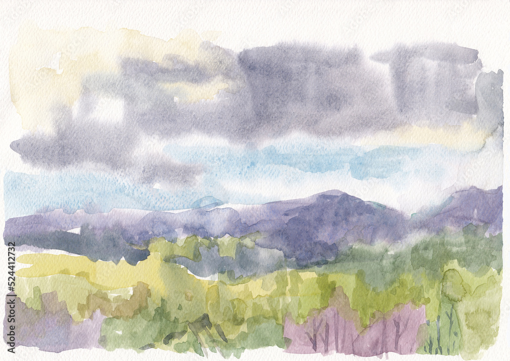 Watercolor hand-drawn summer landscape. Illustration with hills and ...