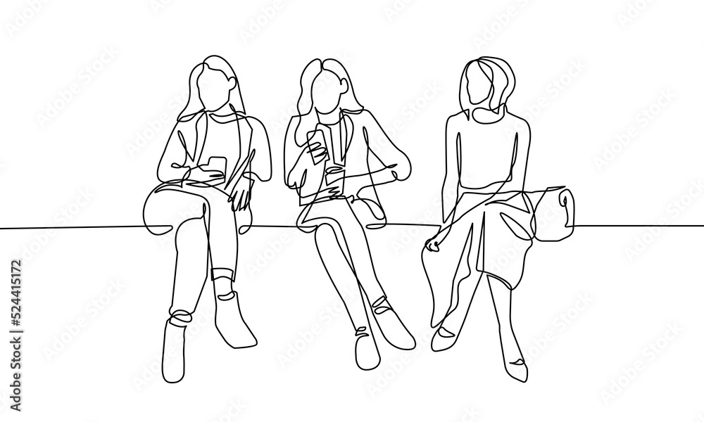 Women Group Talking Trendy Line Art Drawing. Female Group Minimalist ...